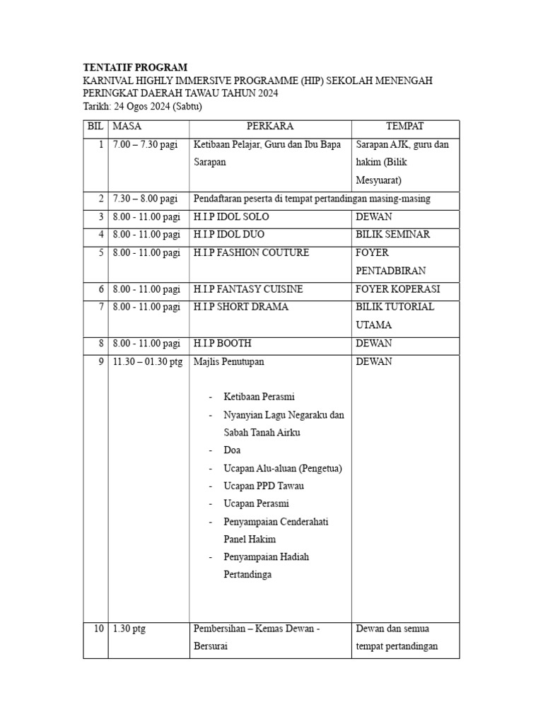 Tentatif Karnival Hip 2024 | PDF