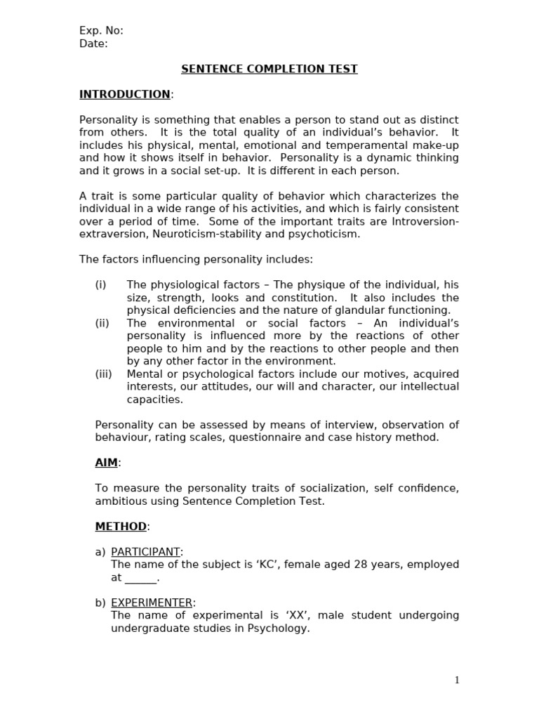 Sentence Completion Test | PDF | Extraversion And Introversion | Behavior