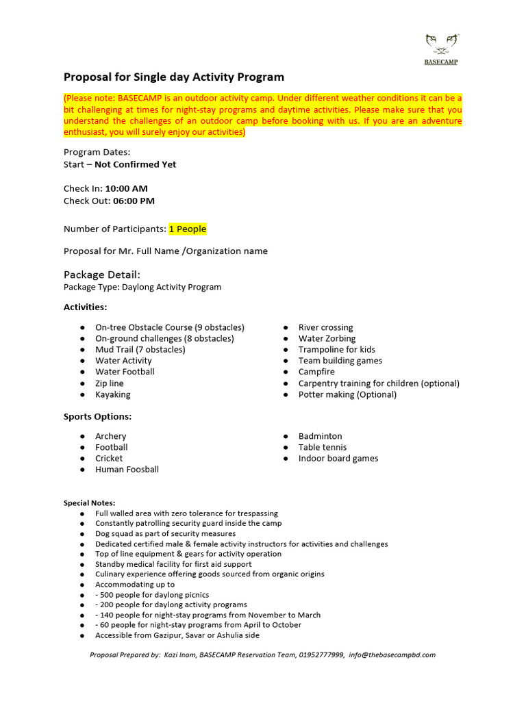 Proposal For Daylong Activity Program | PDF | Western Cuisine | Food ...