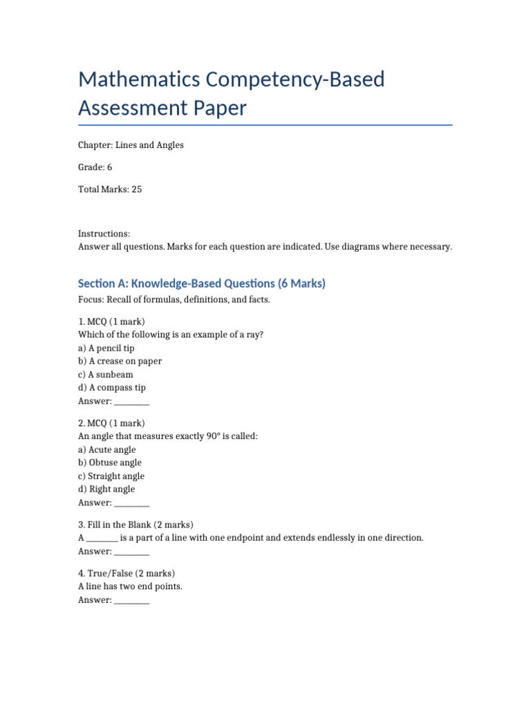Grade 6 Lines and Angles Assessment | PDF | Angle | Multiple Choice