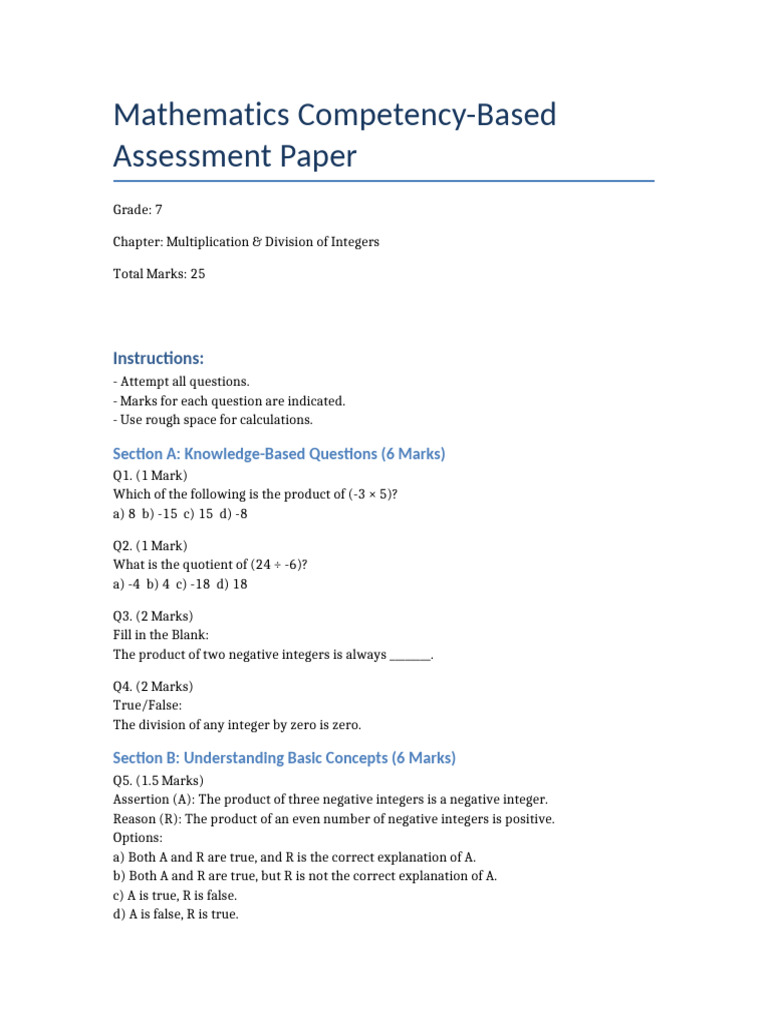 Multiplication Division Integers Assessment | PDF | Multiplication ...