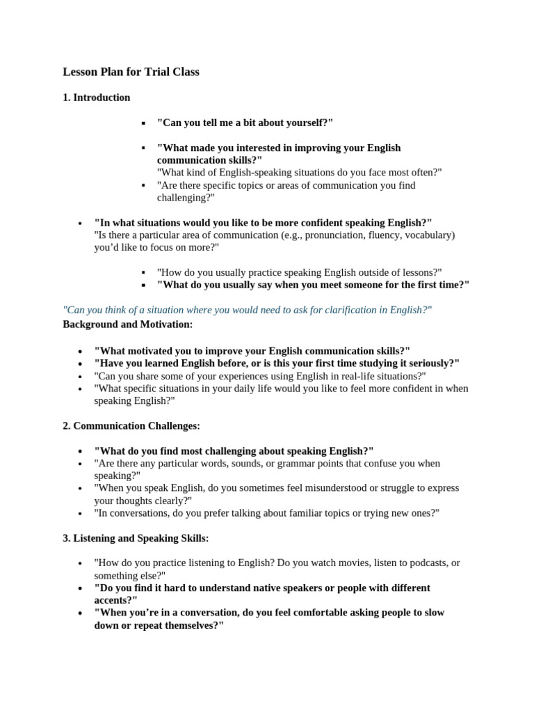 Lesson Plan For Trial Class ADULT | PDF | English Language | Conversation