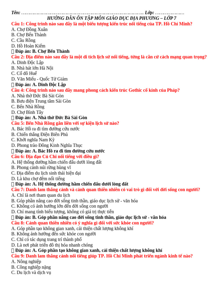 Đáp Án - GDDP 9 - KTCK 1 | PDF