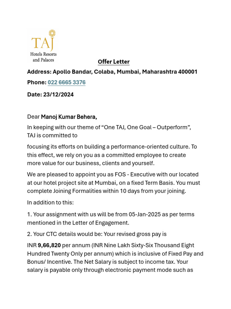 Taj Offer Letter | PDF
