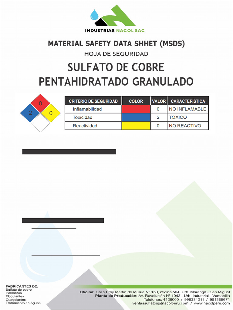 MSDS Sulfato de Cobre PENTAHIDRATADO - GRANULADO - 2025 | PDF | Agua ...