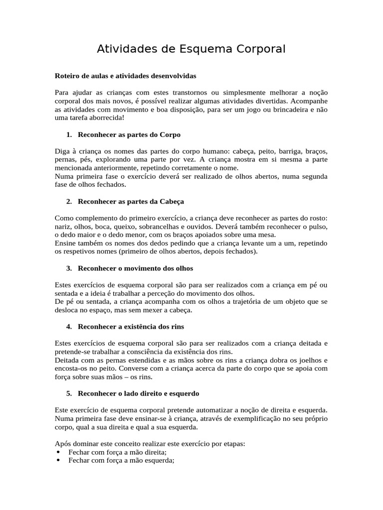 Atividades de Esquema Corporal | PDF