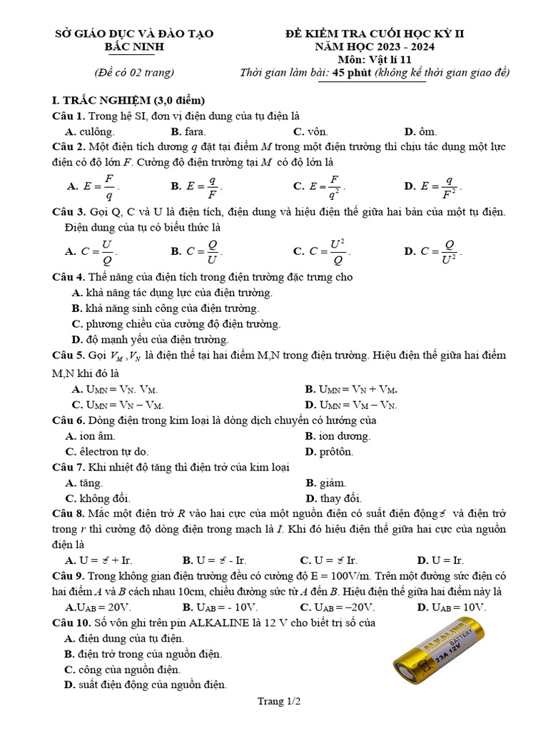 De Kiem Tra Cuoi Hoc Ki 2 Vat Li 11 Nam 2023 2024 So GDDT Bac Ninh | PDF