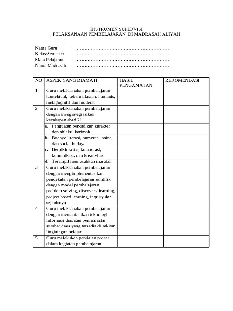 3. INSTRUMEN SUPERVISI MA PELAKSANAAN | PDF
