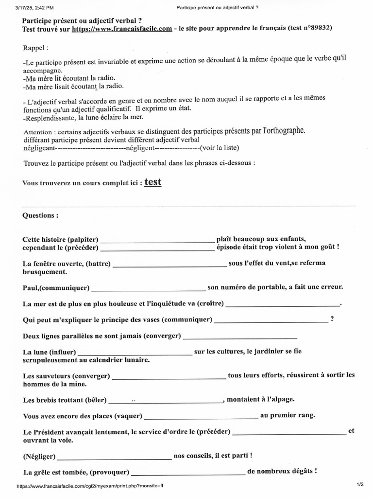 Memo Et Exo Adjectif Verbal Participe Présent | PDF