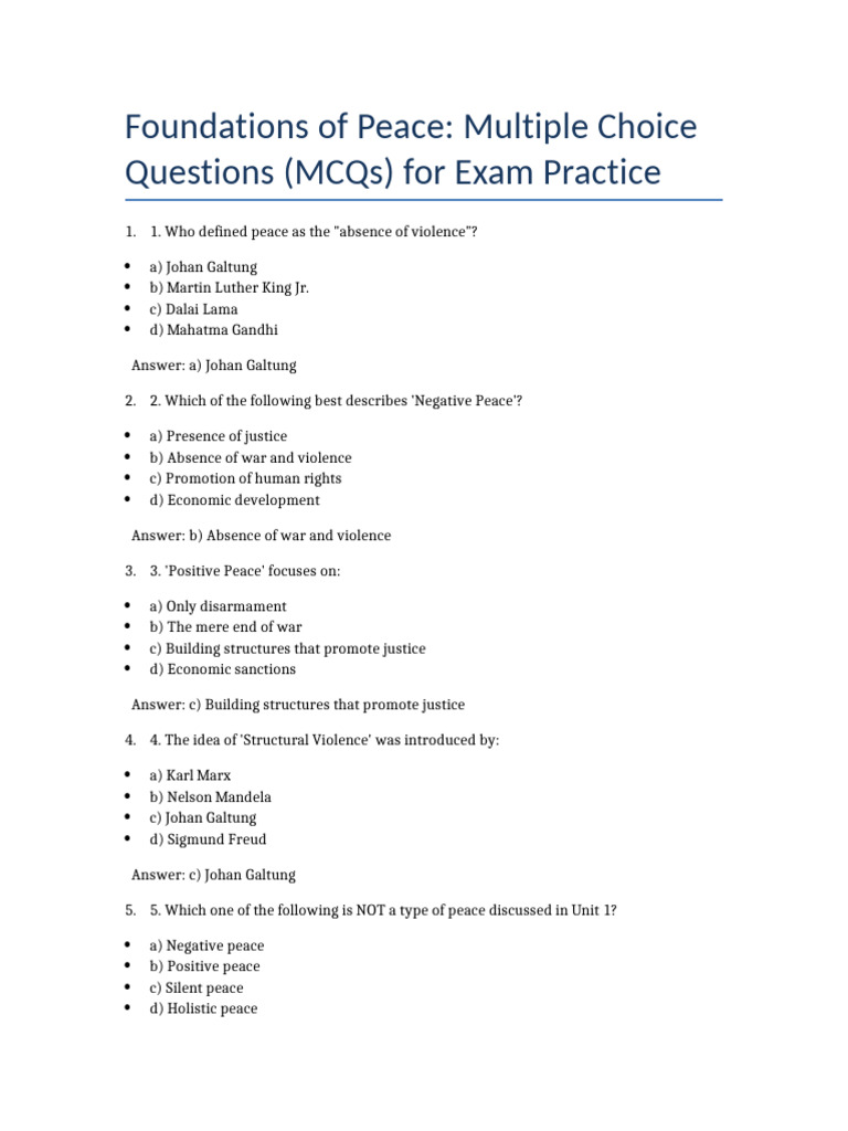 Foundations of Peace MCQ Set | PDF
