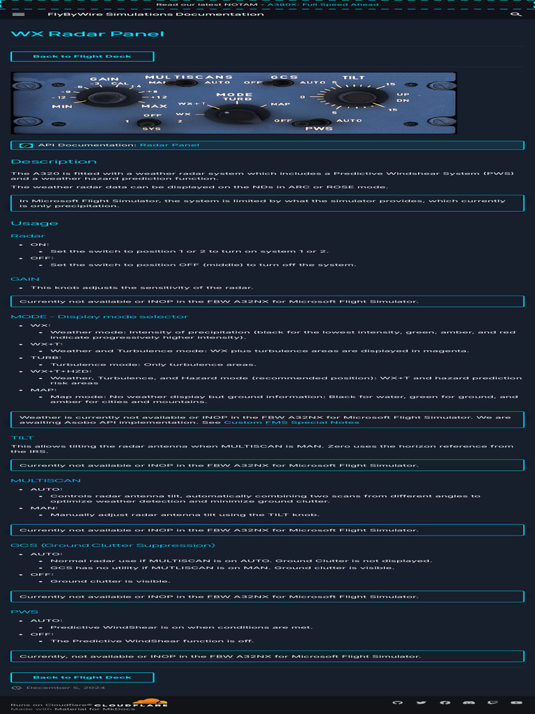 WX Radar Panel - FlyByWire Simulations Documentation | PDF | Radar | Wireless