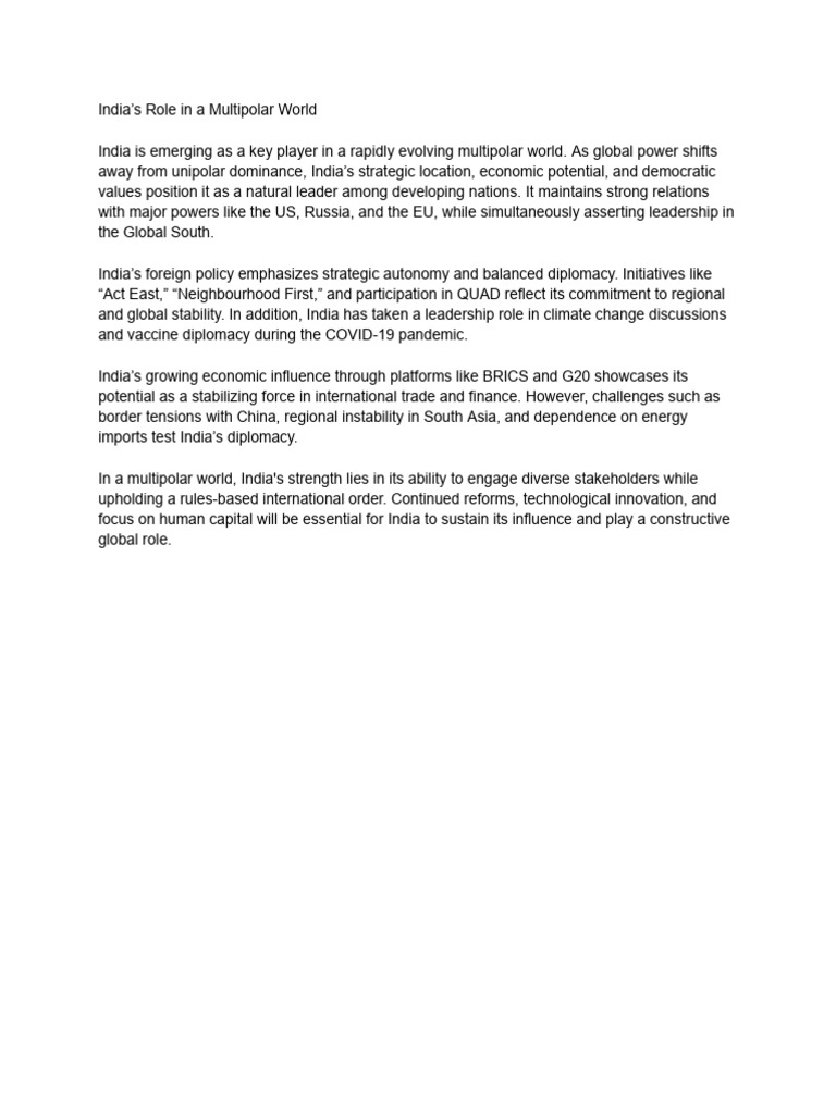 India’s Strategic Role in a Multipolar World | PDF