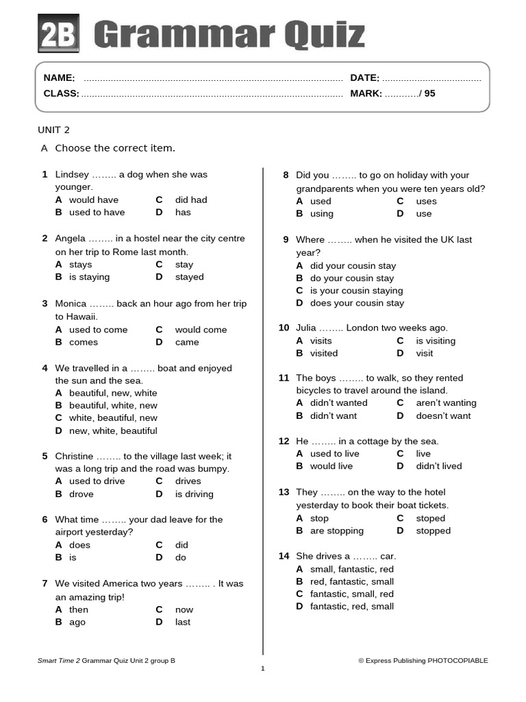 Grammar Quiz for Unit 2 Students | PDF