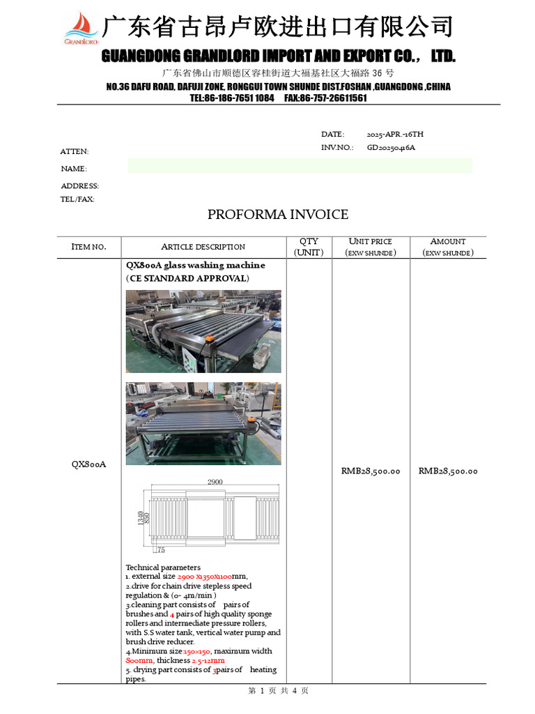 2025 Glass Washer 800 Proforma | PDF | Welding | Construction
