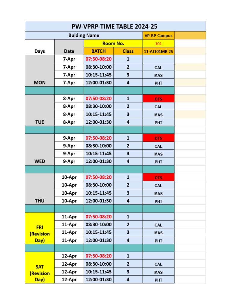 2024-25 PW-VPRP Class Timetable | PDF