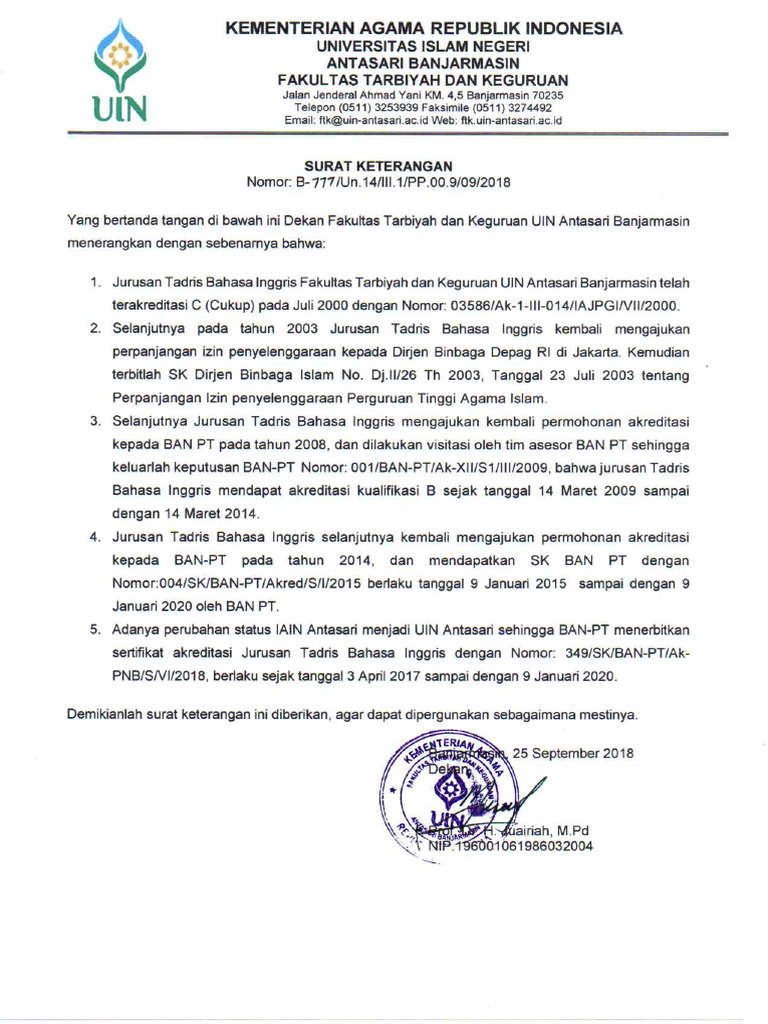 Surat Keterangan Akreditasi Prodi TBI | PDF