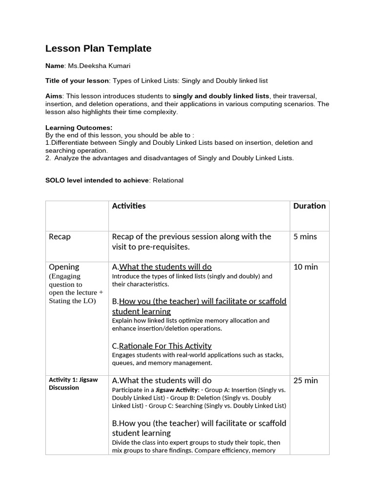 Types of Linked List-Singly Vs Doubly Linked List - Lesson Plan | PDF ...