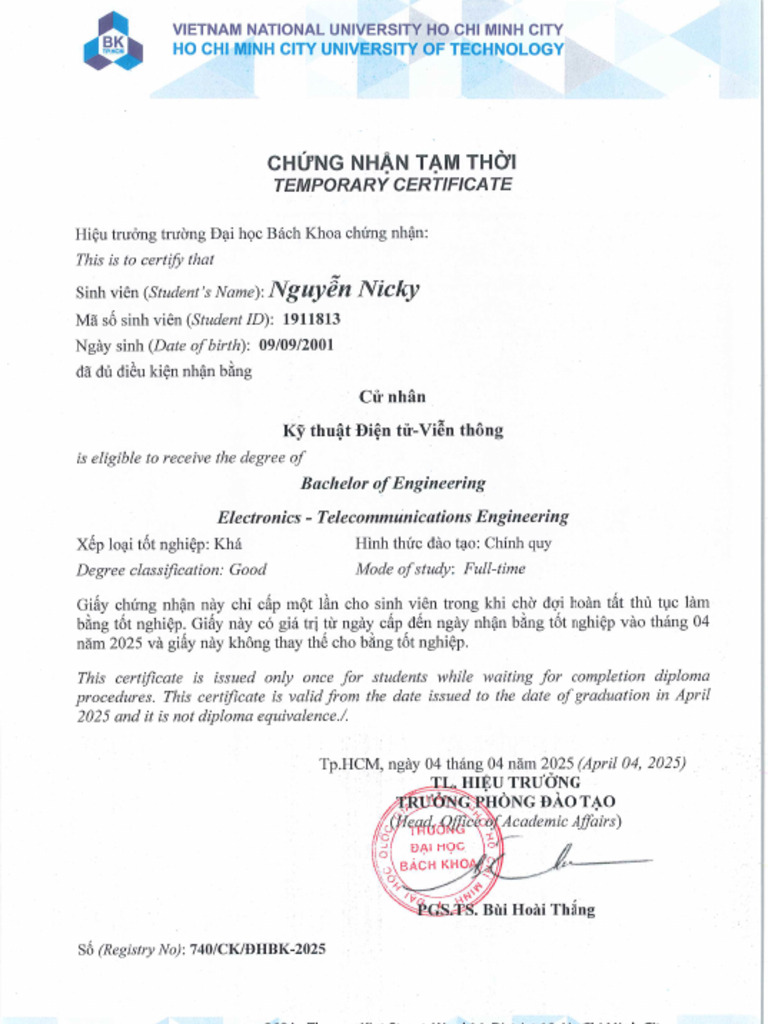 Giay Chung Nhan TN DH Tam Thoi | PDF