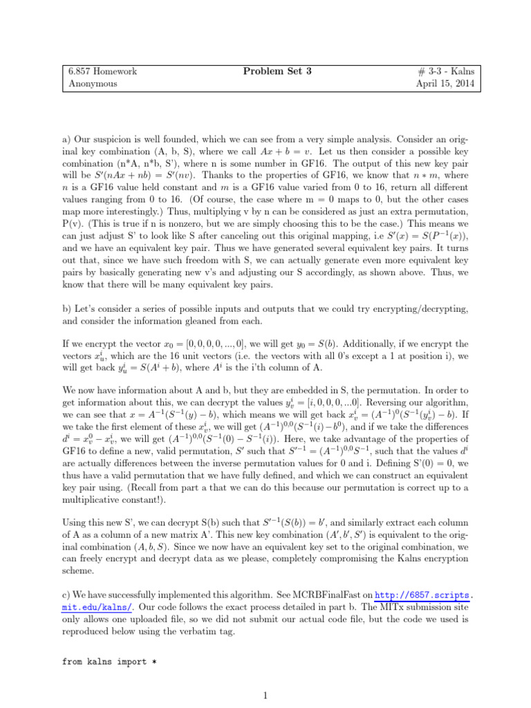 Ax B V S Nax NB S NV N M N M: Problem Set 3 | PDF | Public Key Cryptography | Encryption