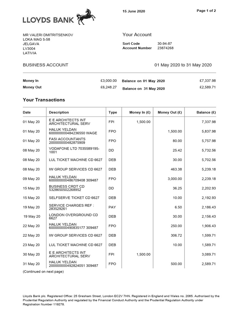 VALERI DMITRITSENKOV Bank Statement May | PDF | Payments | Banks