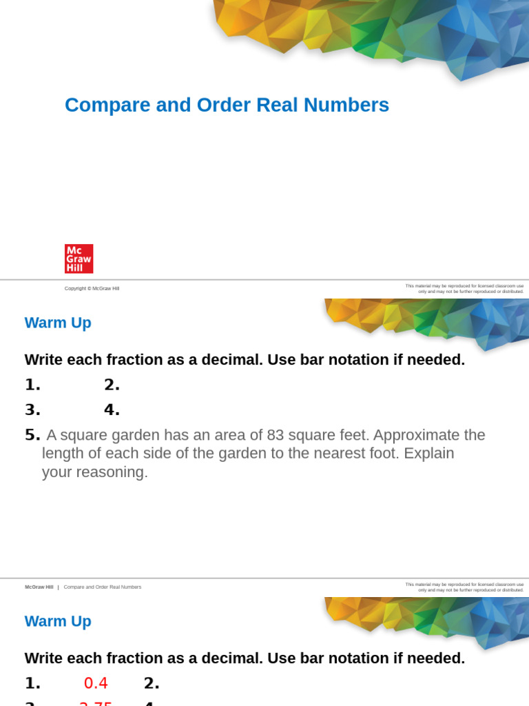 Editable Lesson Presentation - Compare and Order Real Numbers | PDF ...