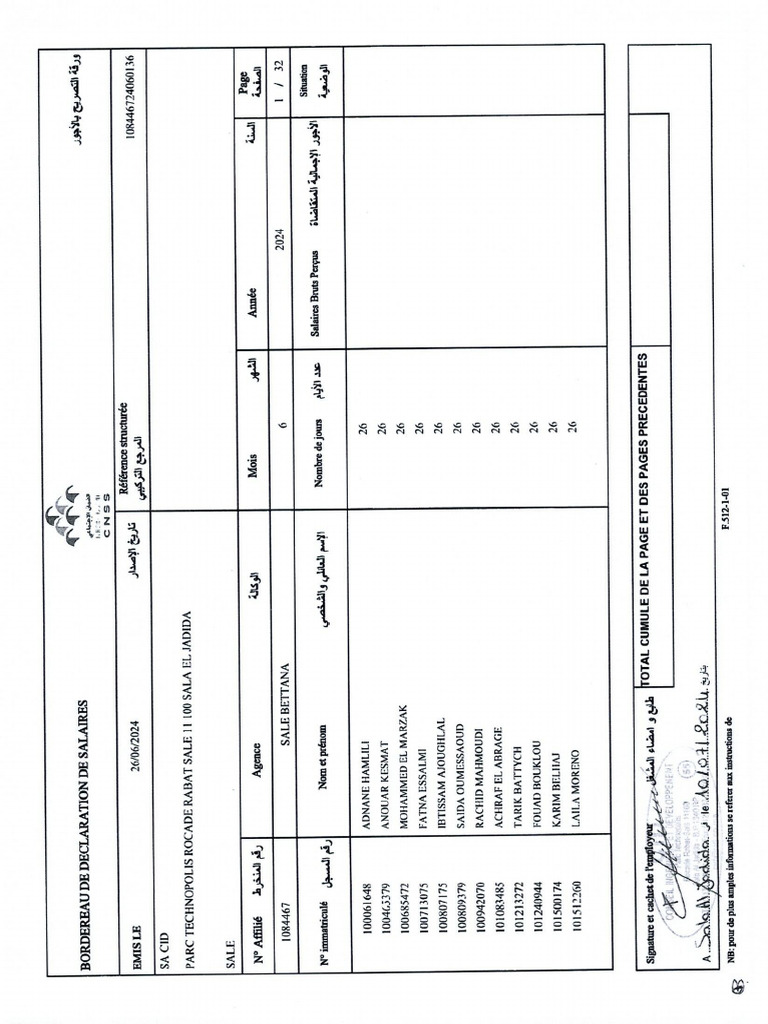 Bordereau de Cnss Juin 2024 | PDF