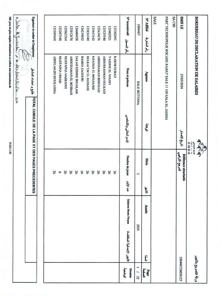 Bordereau de Cnss Mars 2024 | PDF