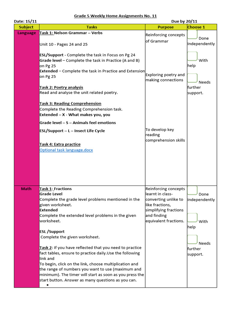 Grade 5 Weekly Assignments Nov 15-20 | PDF | English As A Second Or ...