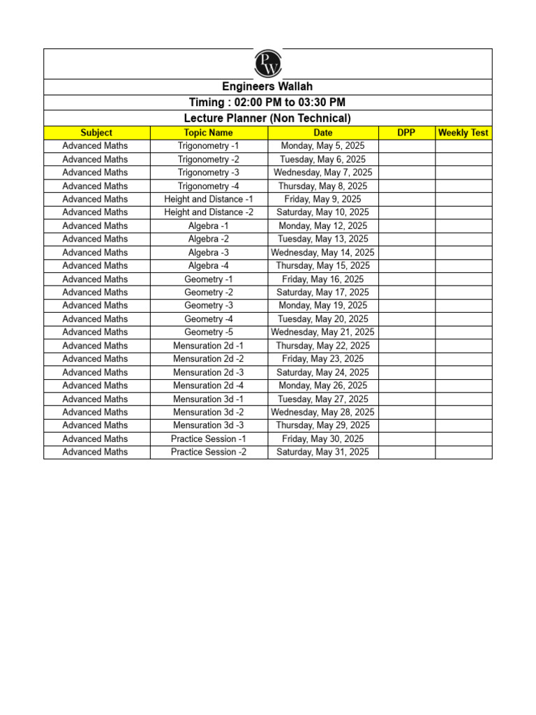 Engineers Wallah Timing: 02:00 PM To 03:30 PM Lecture Planner (Non Technical) | PDF