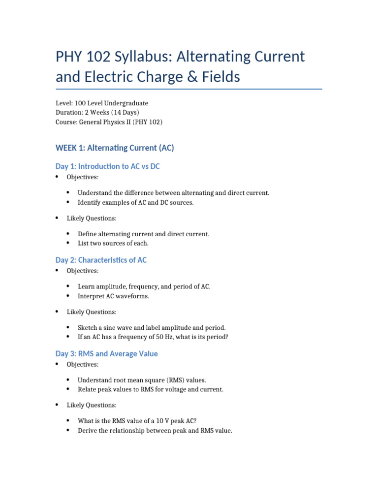 PHY102 Syllabus Alternating Current Electric Fields | PDF | Electric Field | Root Mean Square