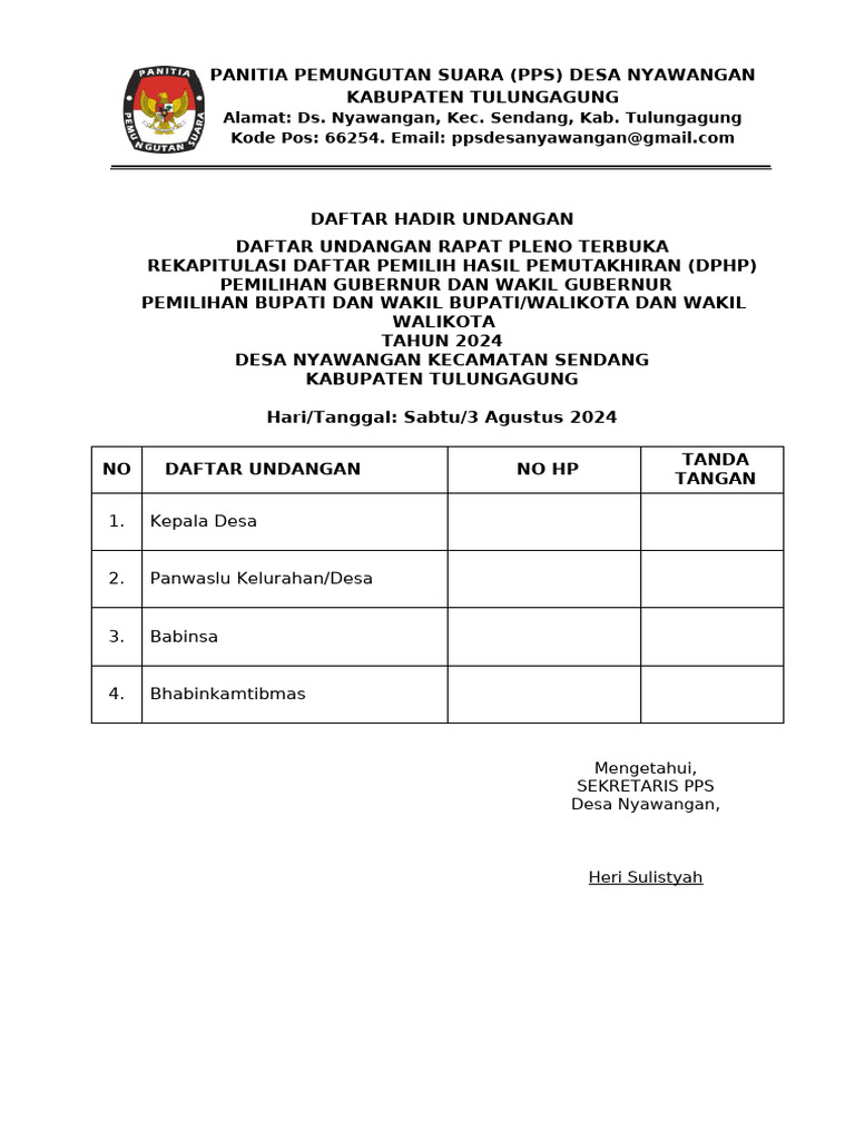 Daftar Hadir Tamu Undangan Pleno | PDF