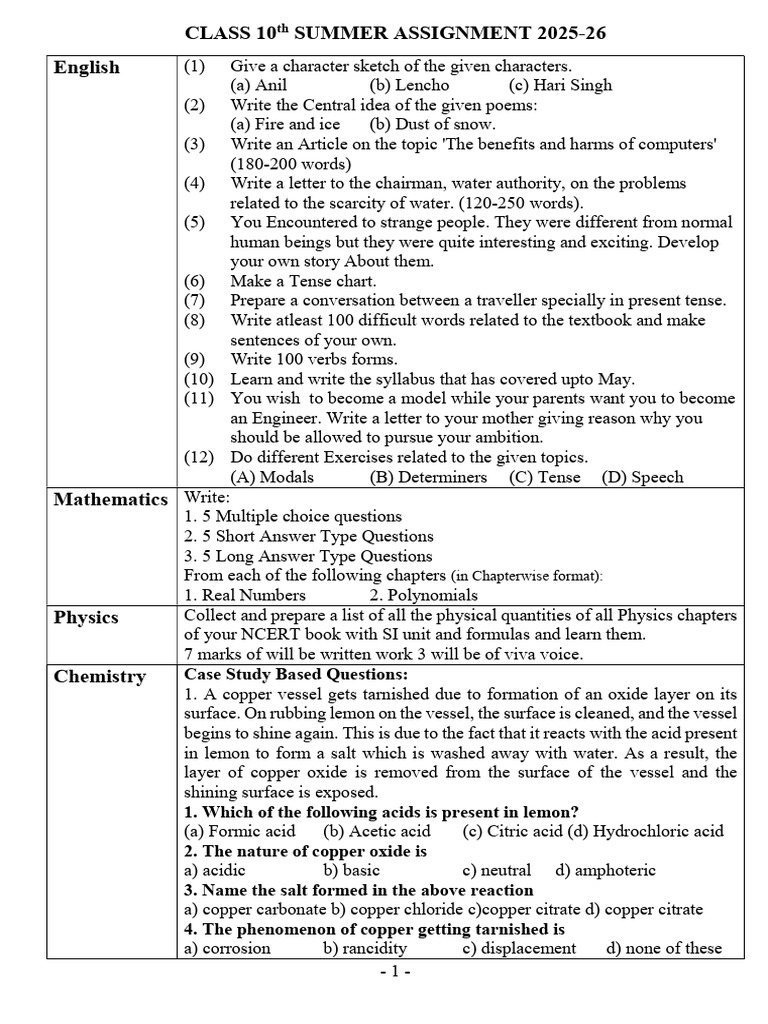 Summer Assignment Class-10 | PDF | Sodium Carbonate | Acid