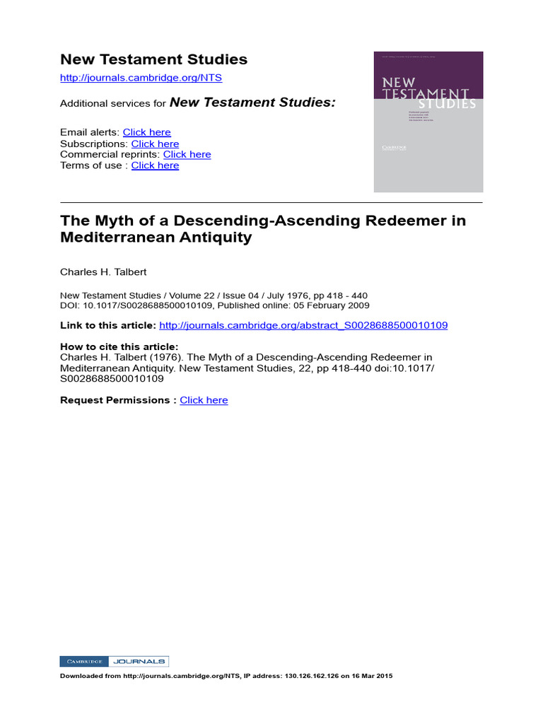 Charles H. Talbert (1976). the Myth of a Descending-Ascending Redeemer ...
