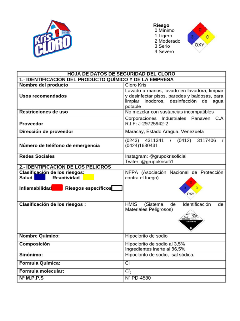 Hoja de Datos de Seguridad Del Cloro | PDF | Cloro | Sustancias químicas