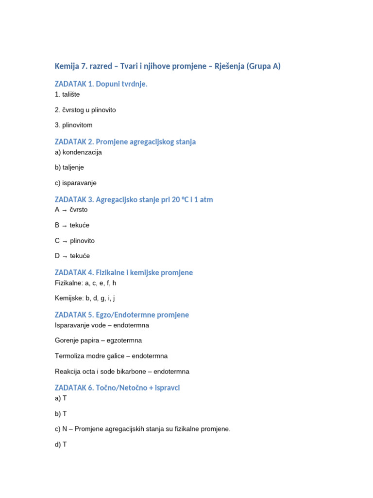 Kemija 7 Tvari I Njihove Promjene Grupa A Rjesenja | PDF