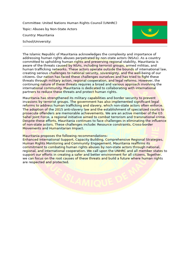 UNHRC - Mauritania Position Paper | PDF