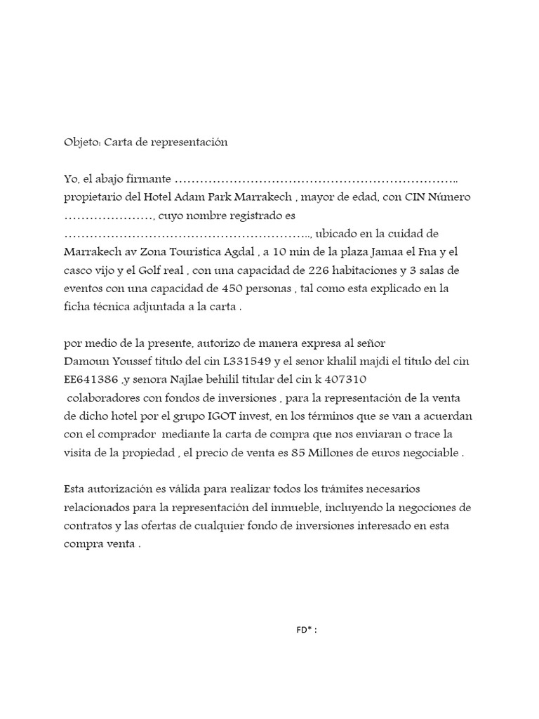 Carta de Representacion Hotel Adam Park | PDF