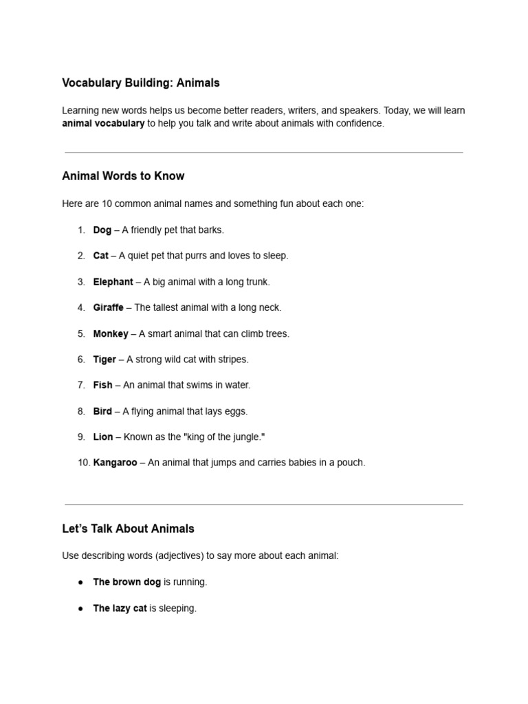 Vocabulary Building - Animals Grade 1 | PDF