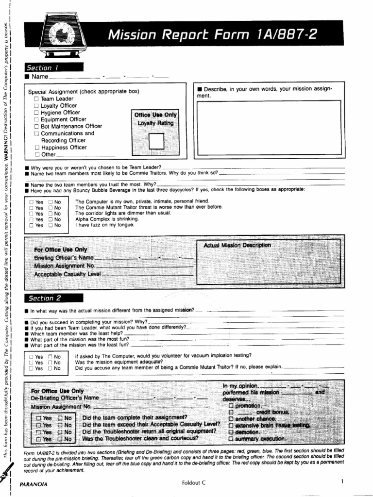 Paranoia Mission Report Form | PDF