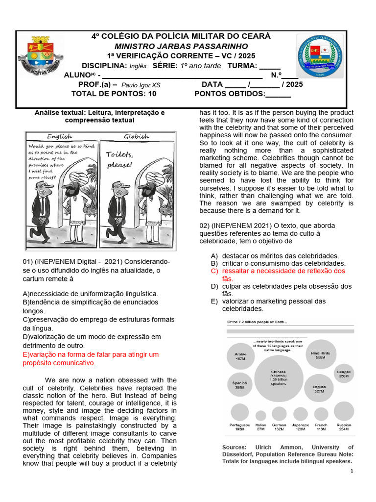 GABARITO de Ingle%CC%82s 1%C2%B0 ano D - 1%C2%AA VC 2025.pdf | PDF ...