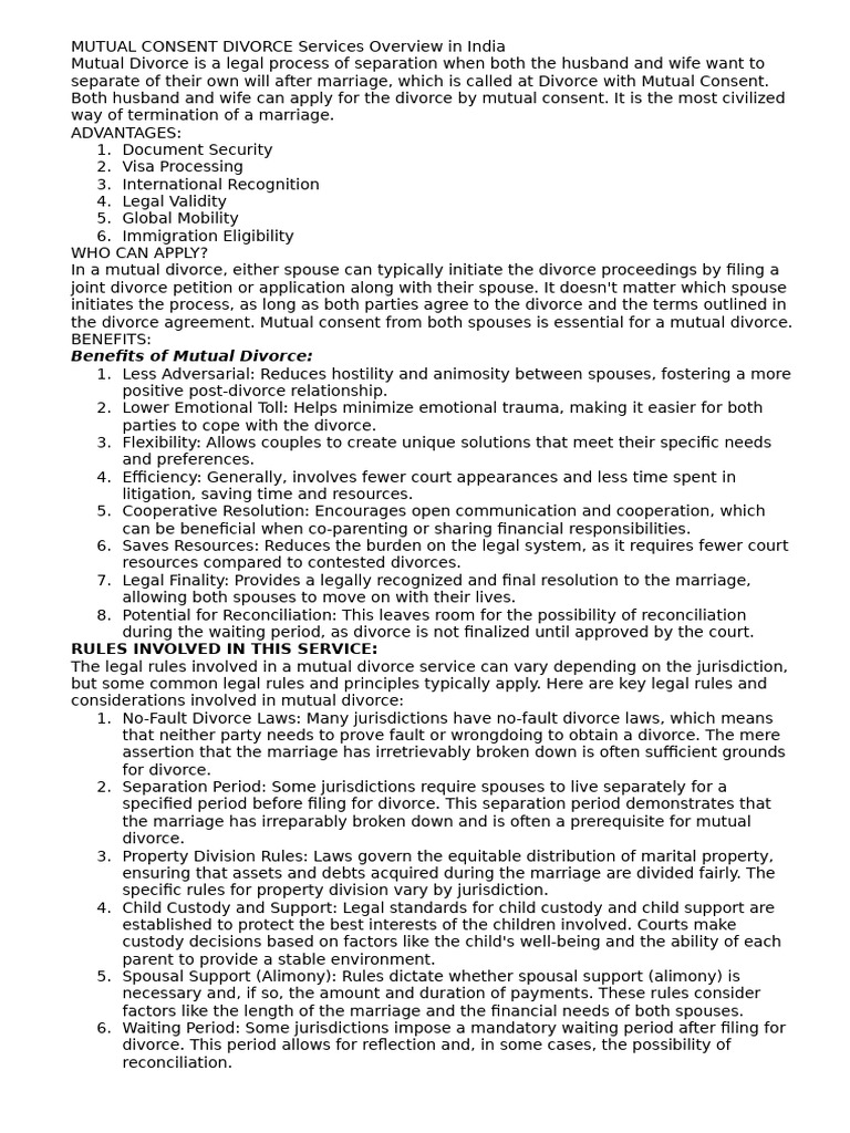 MUTUAL CONSENT DIVORCE Services Overview in India | PDF | Divorce | Alimony