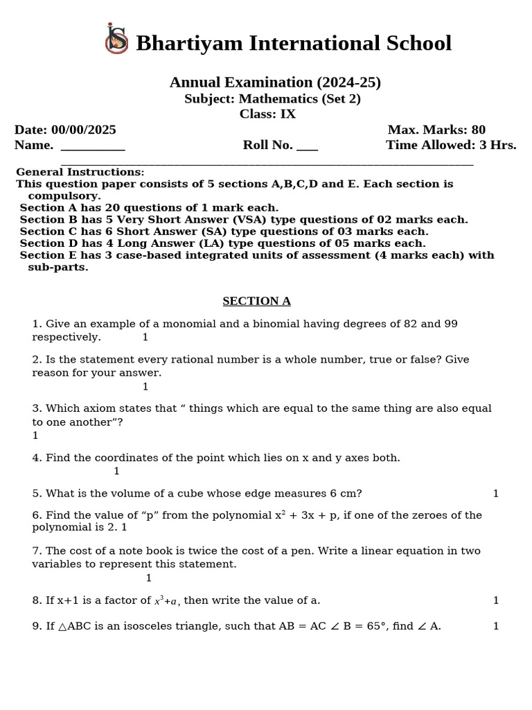 Class Ix Annual Examination Maths Set 2 | PDF | Area | Fahrenheit
