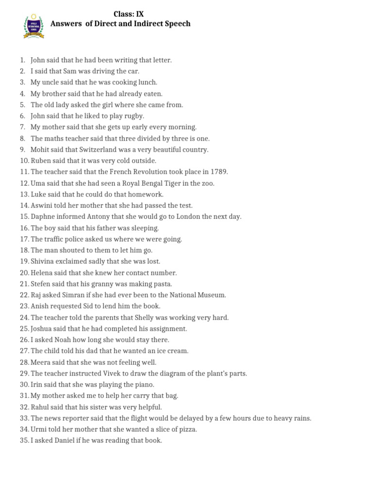 Reported Speech Exercises for Class IX | PDF
