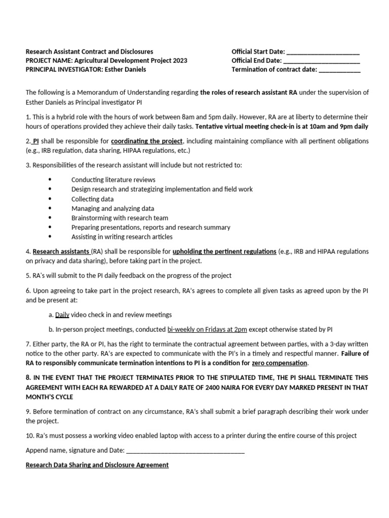 Research Assistant Contract and Disclosures (AutoRecovered) | PDF ...