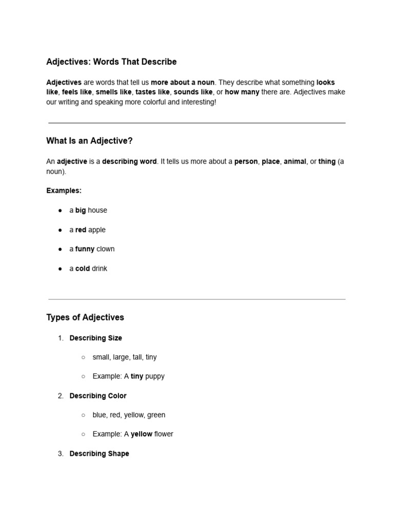 Adjectives - Words That Describe | PDF | Adjective | Linguistics