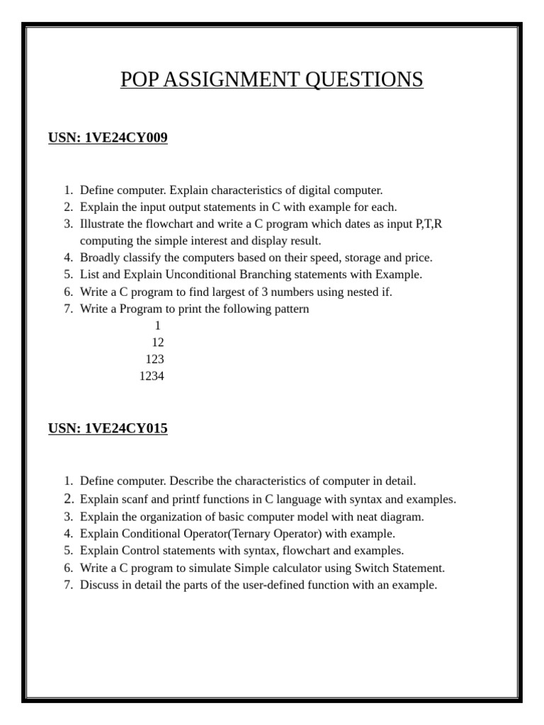 Pop Assignment Questions | PDF | Computer Program | Programming