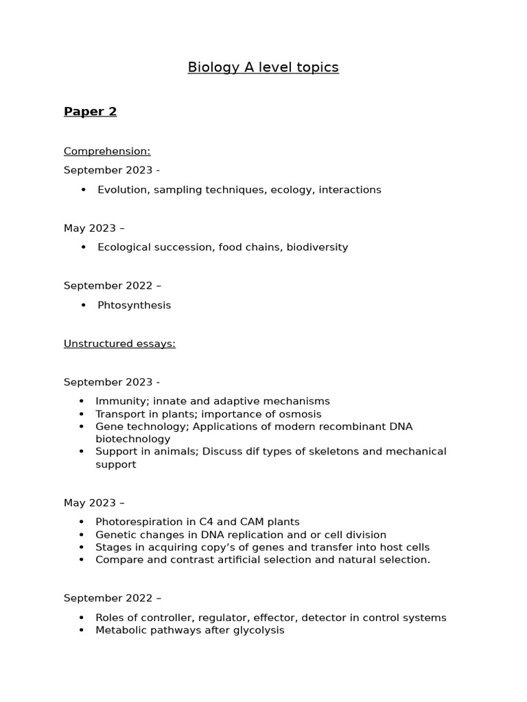 A Level Biology Topic Overview | PDF
