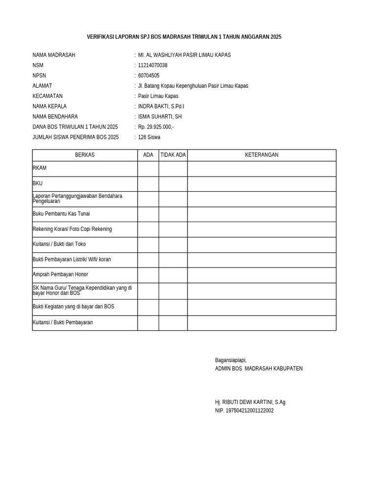 Blangko Verifikasi SPJ BOS 2025 | PDF