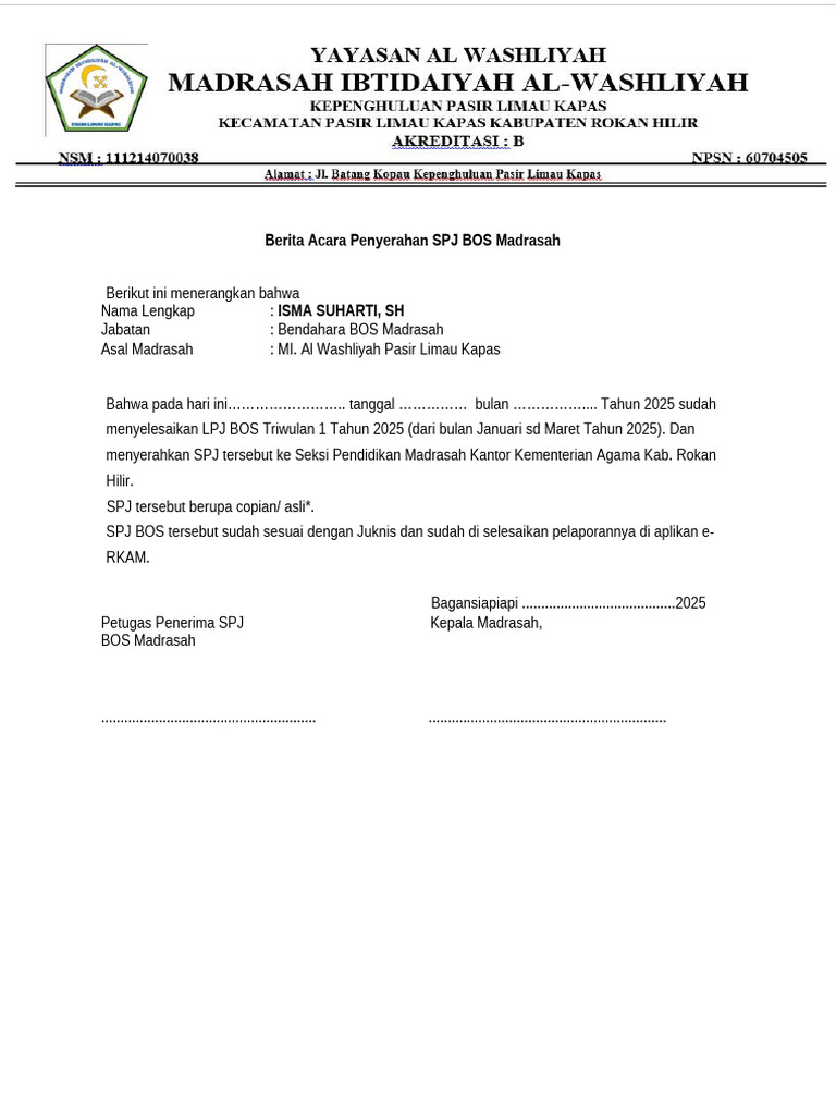 Berita Acara Penyerahan SPJ BOS | PDF