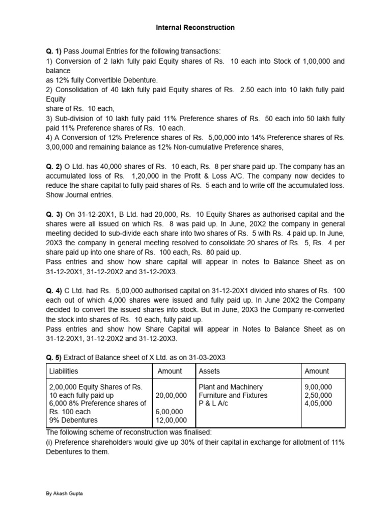 Internal Reconstruction Journal Entries | PDF | Balance Sheet | Equity (Finance)